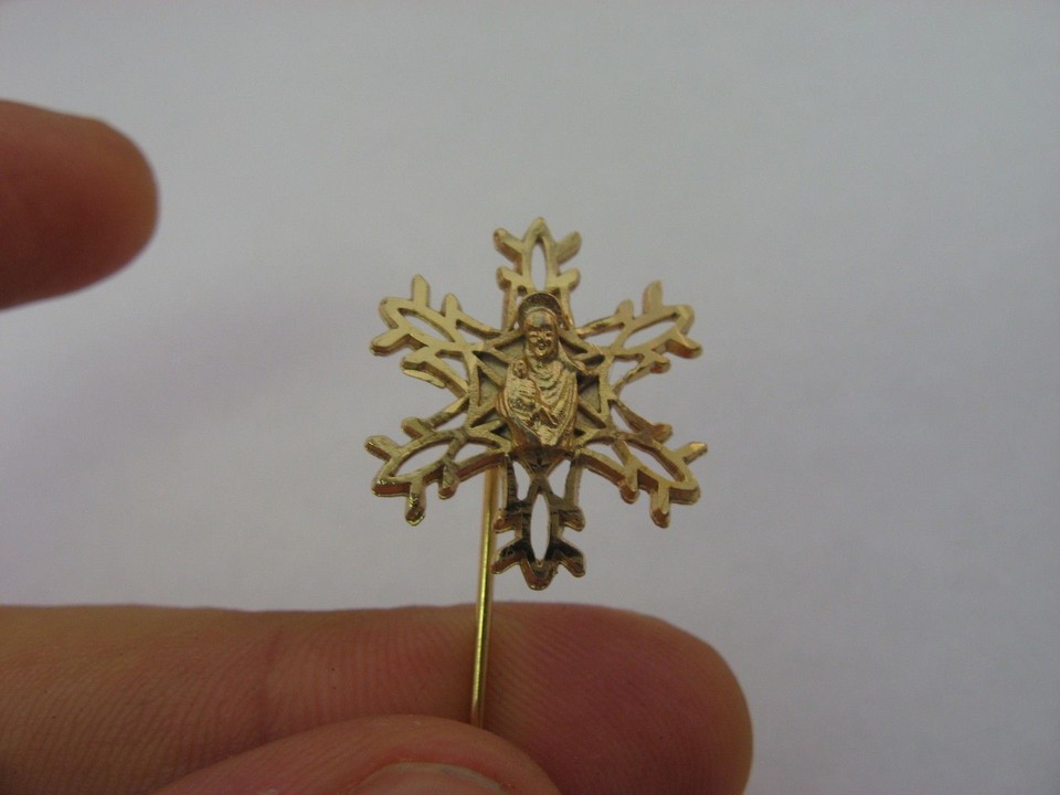 Vintage Religious Stick Pin Virgin Mary Snowflake Gold Tone Lapel Hat ...