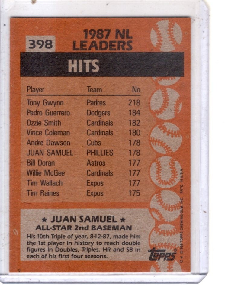 1988 Topps - All Star #398 Juan Samuel Philadelphia Phillies baseball ...