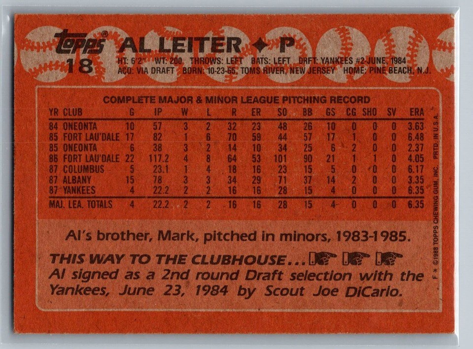 Error 1988 Topps #18 Steve George Pictured / Al Leiter (RC) - EX | eBay