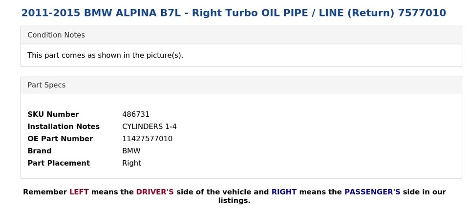 2011-2015 BMW ALPINA B7L - Right Turbo OIL PIPE / LINE (Return) 7577010 ...