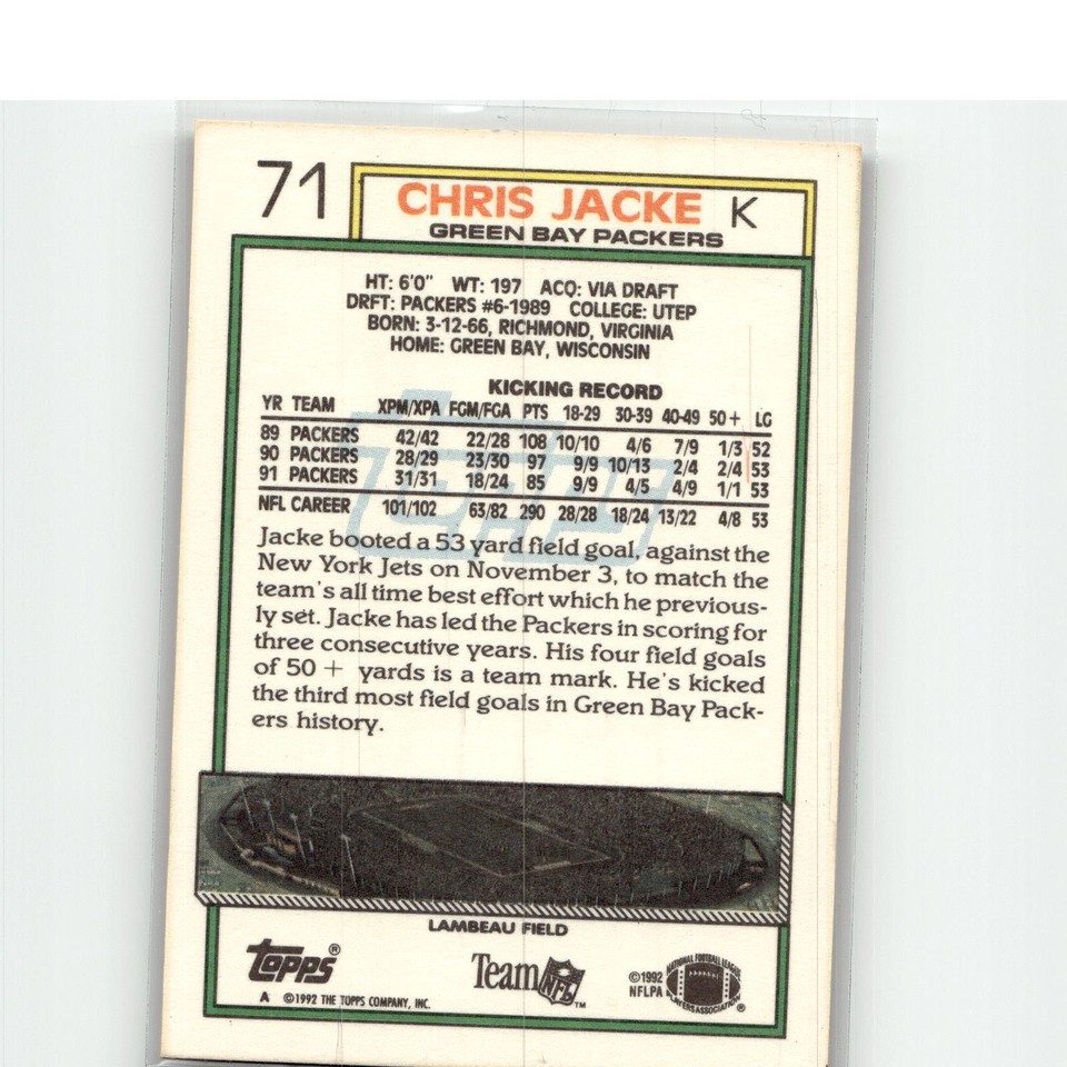 1992 Topps Football Chris Jacke #71 Green Bay Packers | eBay