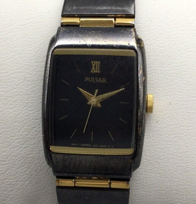 Vintage Pulsar Watch Women Black Gold Tone Rectangle V401-6080 New ...