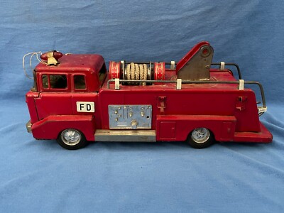 1960s BANDAI Ford Fire Brigade Tin Toy Truck Battery Op Ladder Truck ...