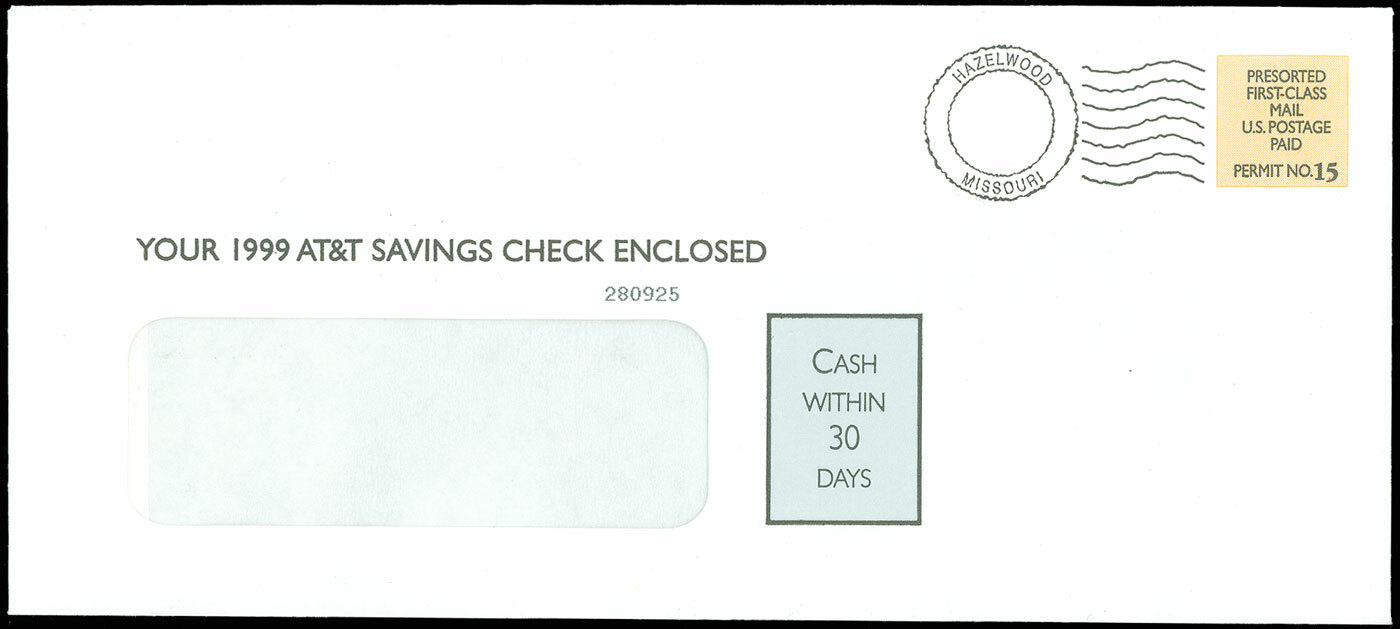 1999c PRESORTED FIRST CLASS MAIL PERMIT #15 STAMP, AT&T PROMOTION #10 ...