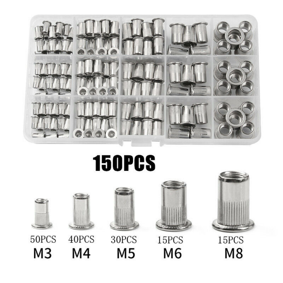 150Pcs RIVET NUT Flat Head Threaded Insert Aluminum Rivet Nutsert Set ...