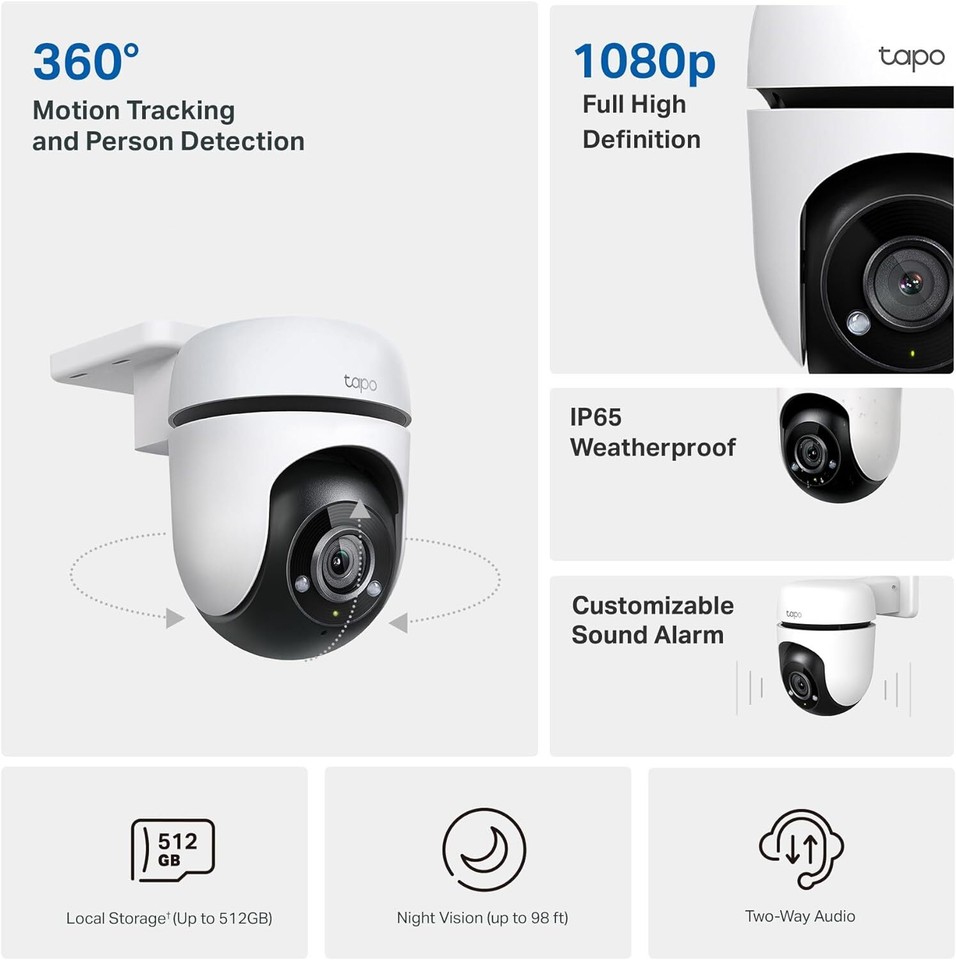 Tapo 1080P Outdoor Wired Wi-Fi Camera 360° View Pan Tilt Motion ...