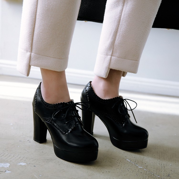 Womens Platform Lace Up Pumps High Block Heels Shoes Casual Plus Size ...