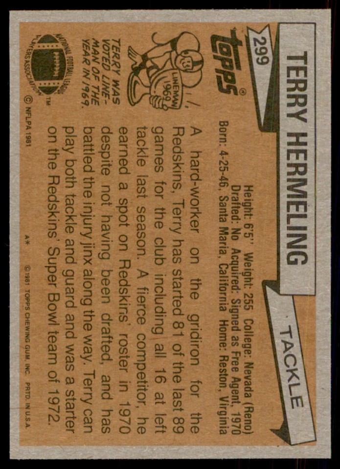 1981 TOPPS TERRY HERMELING WASHINGTON REDSKINS #299 | eBay