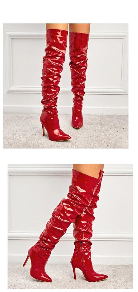 Red Women Over The Knee Boots High Heels Solid Pointed Toe Stiletto ...