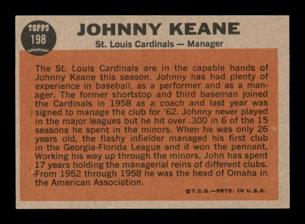 1962 Topps #198 Johnny Keane MG EX/EX+ X2874210 | eBay