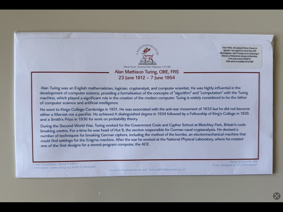 Signed Peter Firth Actor on Alan Turing WW2 Bletchley Park FDC First ...