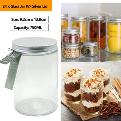 24 x Clear Glass Jar 750ml Silver Lid Kitchen Spice Honey Jam Lolly ...