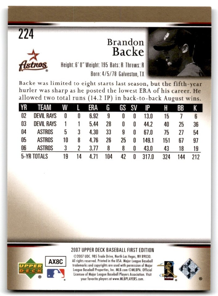2007 Upper Deck First Edition Brandon Backe Baseball Cards #224 | eBay
