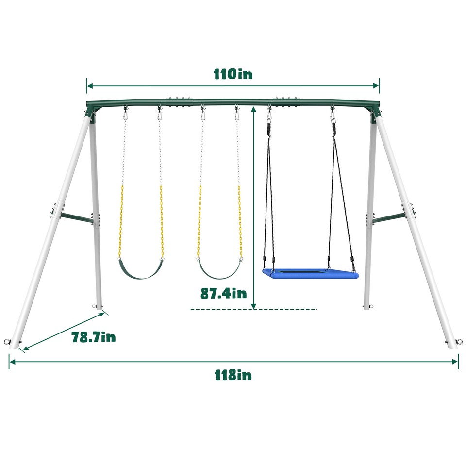 660lb Heavy Duty Metal Swing Set with 3 Swings Kids Adult Playset ...