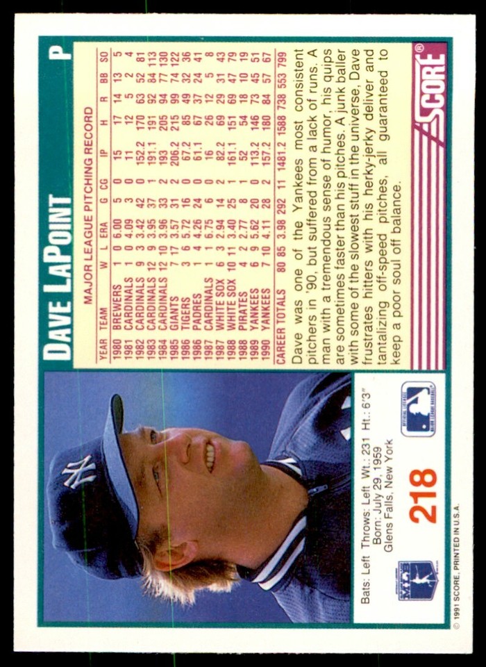 1991 Score Dave LaPoint New York Yankees #218 | eBay