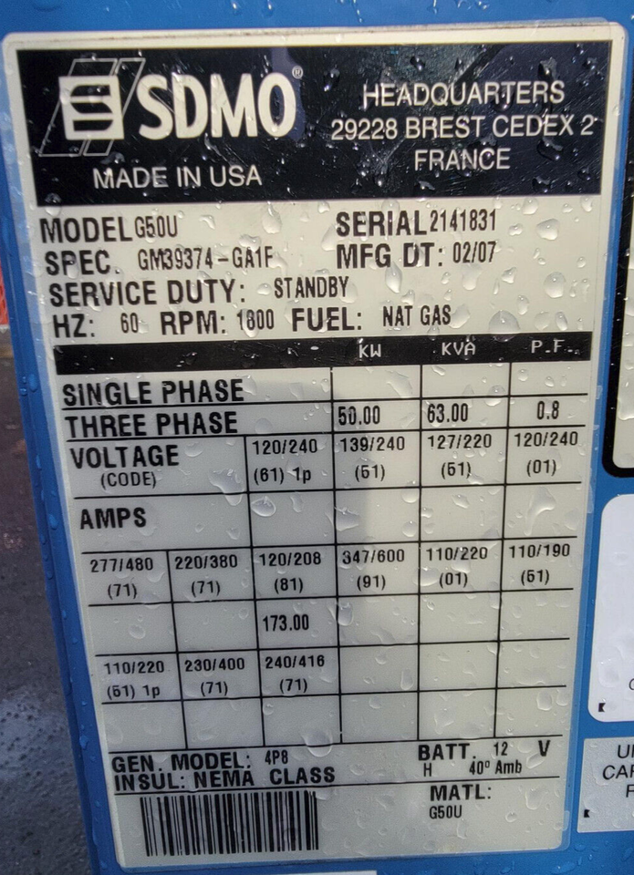Kohler SDMO 50KW Natural Gas Generator - 208v/3PH - Tested, & Ready to ...