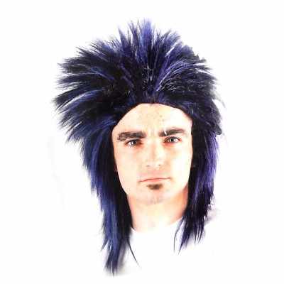 Mens Spiky Punk Rocker 80s Pop star Wig Black Blue Mullet Costume Ozzie ...