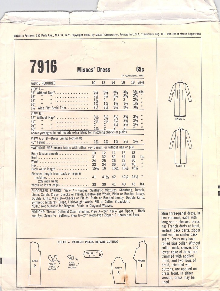 McCall's 7916 Misses' Dress Size 14 1965 | eBay