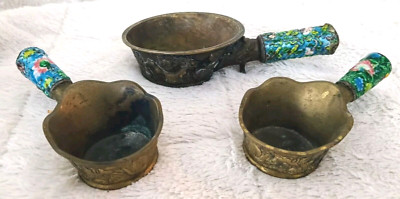 VTG Antique Brass Chinese Silk Iron Coal Pan Hand Painted Enamel Handle ...