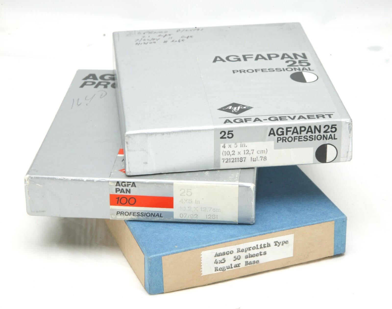 3 Boxes Agfa Pan 25 & 100ASA & Ansco Rep. 4x5" Film. Diff. Exp. Date ...