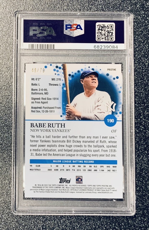 2022 Topps Pristine Babe Ruth Blue Refractor Serial # 48/75 - PSA 10 ...