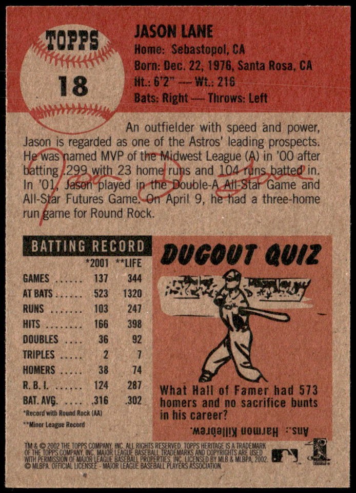 2002 Topps Heritage #18 Jason Lane | eBay