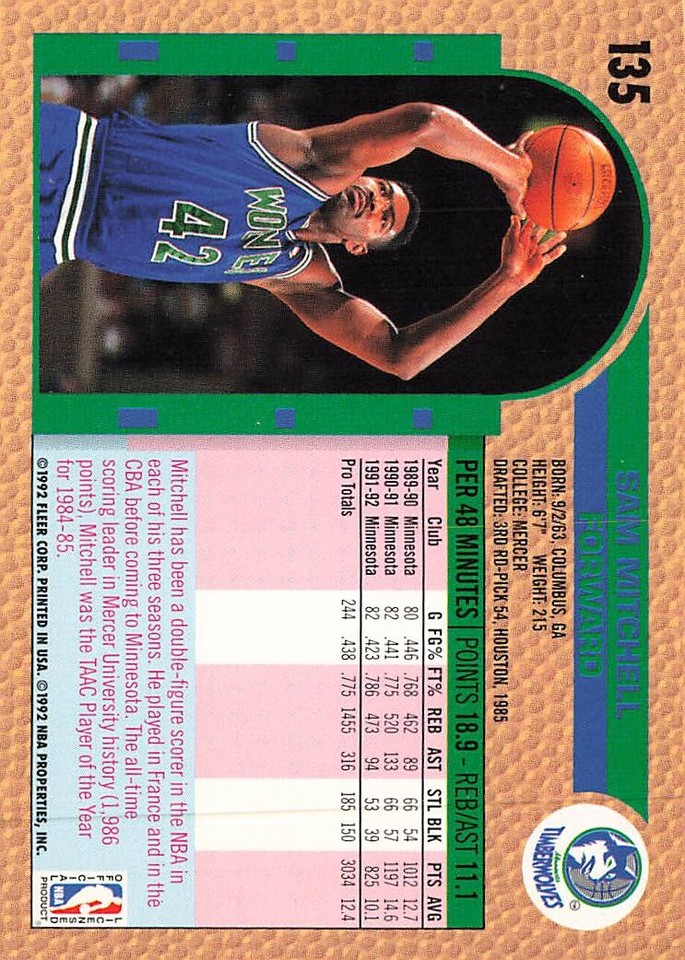 1992 Fleer #135 Sam Mitchell Minnesota Timberwolves | eBay