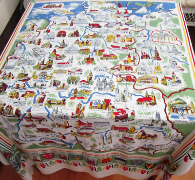 Vintage German Souvenir Tablecloth 51"x 61" Colorful Print Cities ...