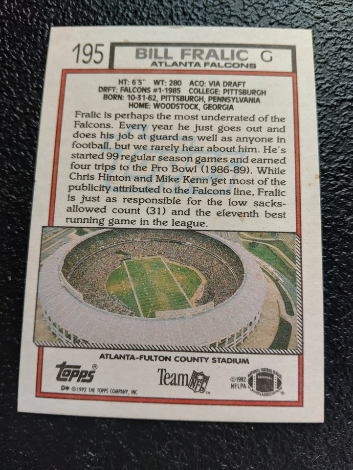 Bill Fralic Atlanta Falcons Guard - Topps NFL 1992 Card #195 | eBay