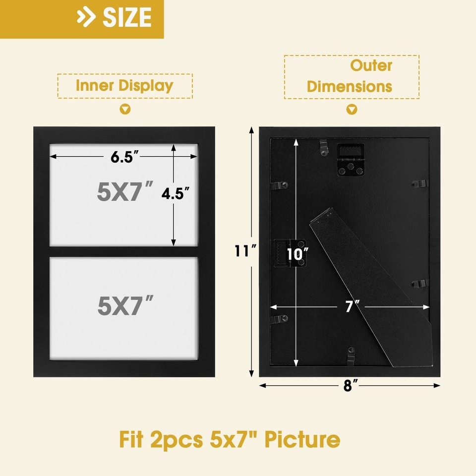5x7 Double Picture Frame Display Two 5x7 Photos Solid Wood Real Glass ...