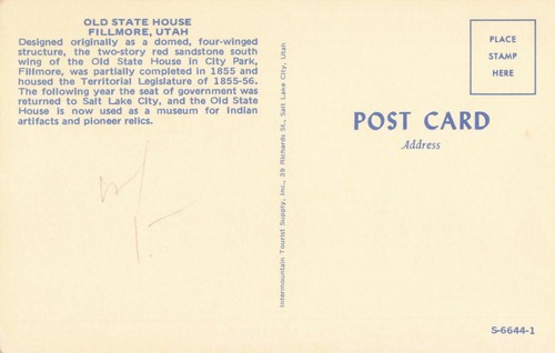 Postcard Old State House Fillmore Utah | eBay