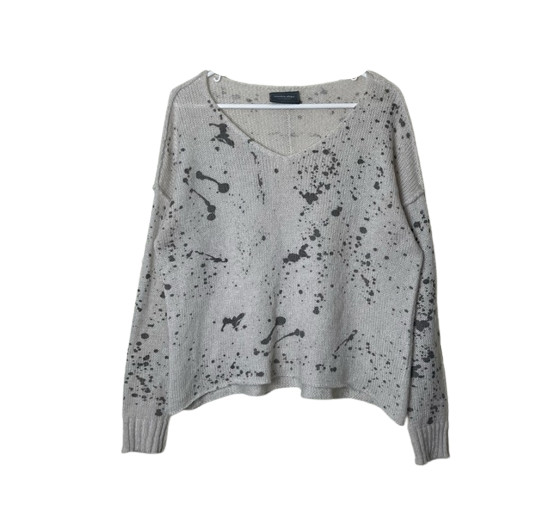 Wooden ships paint splatter ivory gray v-neck sweater… - Gem