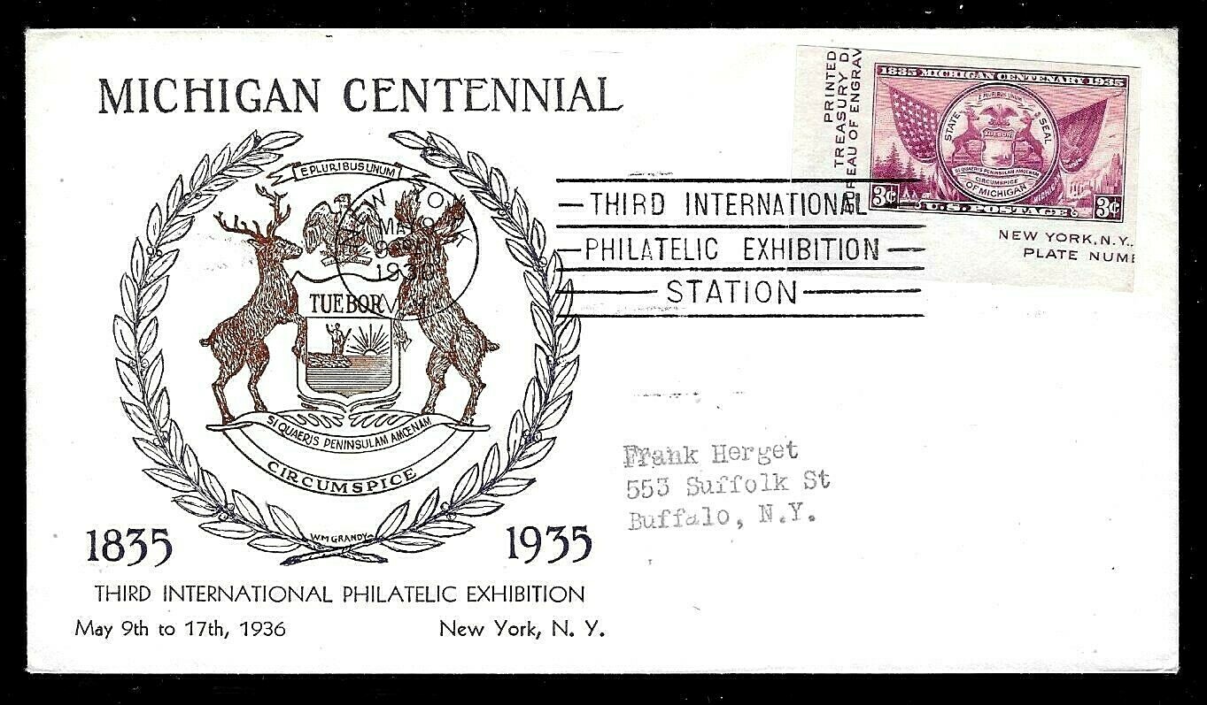 778c 3c SS Cut (1936) MICHIGAN CENTENARY TIPEX FDC FROM WINFRED M ...