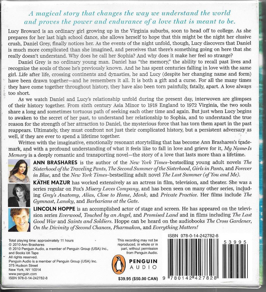 MY NAME IS MEMORY BY ANN BRASHARES AUDIO BOOK 9780142427828| eBay