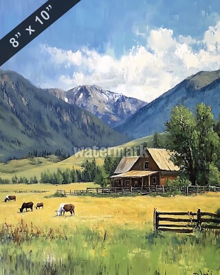 A Western ranch house with a grazing field oil Painting 8x10 Print | eBay