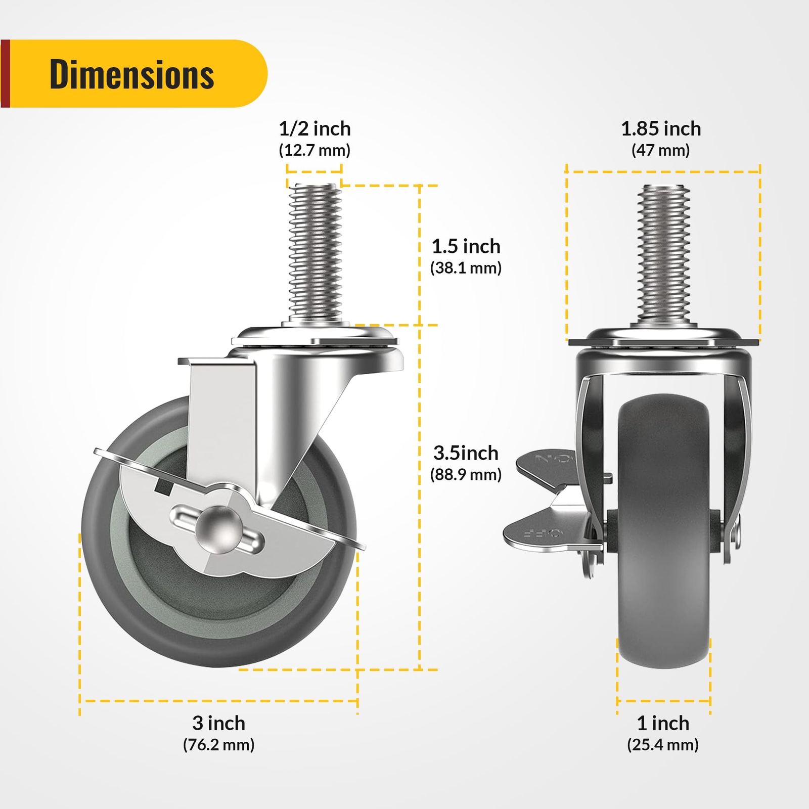 Caster Wheels 3 Inch Locking Stem Casters 1/2 -13 X 1-1/2 Set of 4 ...