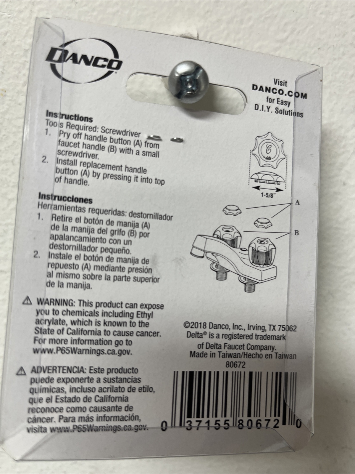 Danco 80672 Hot/cold/diverter Index Button for Delta/delex Faucet Clear ...