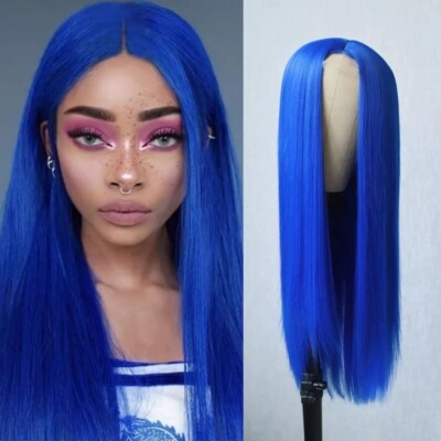 Long Straight 26" Synthetic Wigs Light Blue Lace Front Wig for Party ...