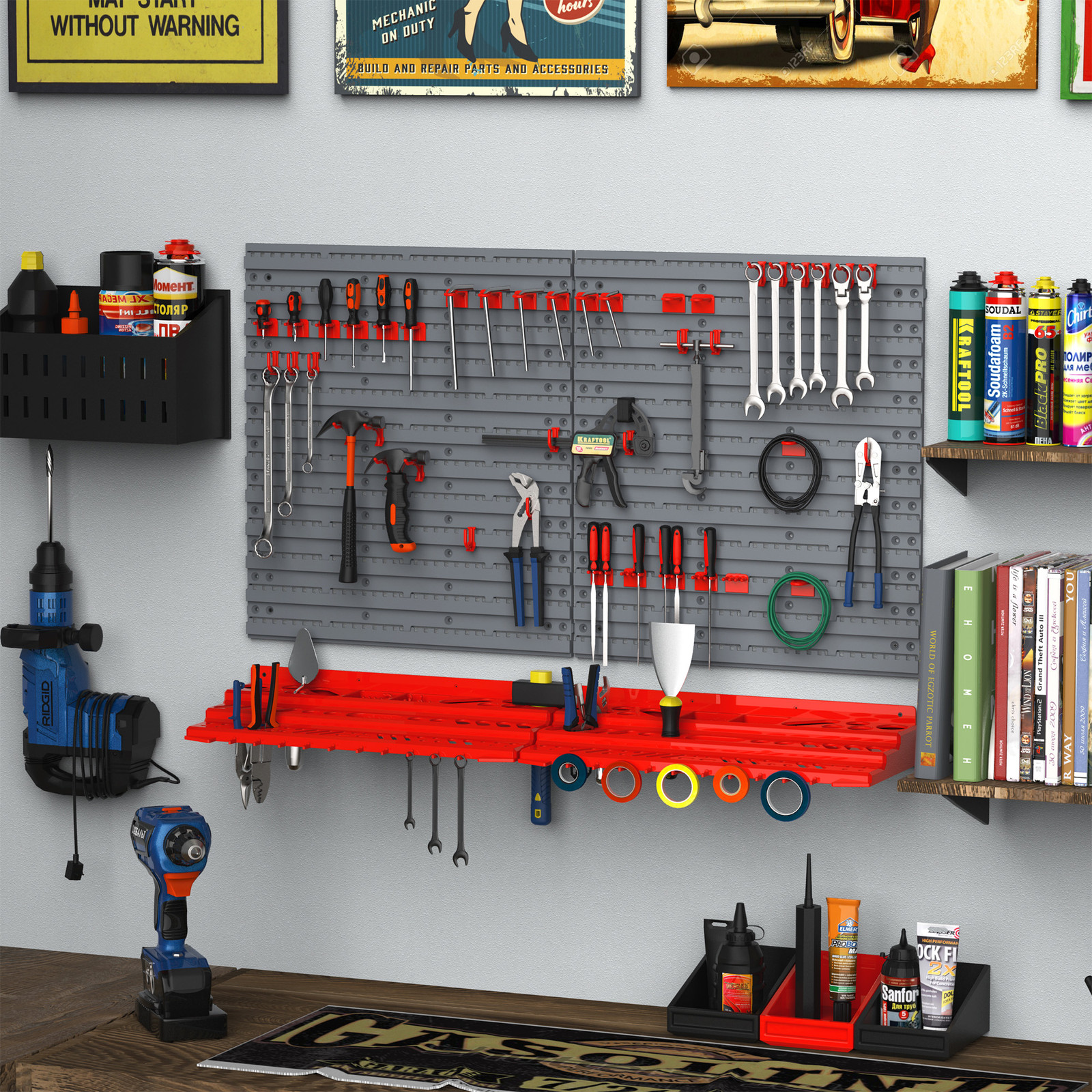 54 Piece Hanging Panel Tool Organization Rack for Garage Wall, 50 Hooks ...