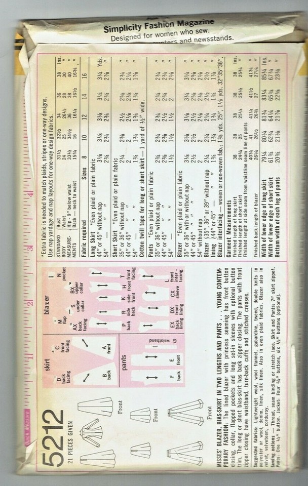 Simplicity 5212 Size 12 Bust 34 Womens Suit Pants Dress Vintage Pattern ...