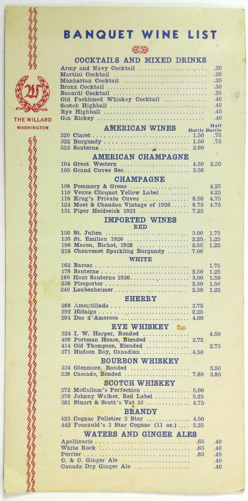 1920's Vintage BANQUET WINE LIST MENU Card The Willard Hotel Washington ...