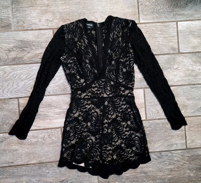 Bebe Black Lace Romper Sz4 Longsleeve Front Plunging Neckline Sexy Goth ...