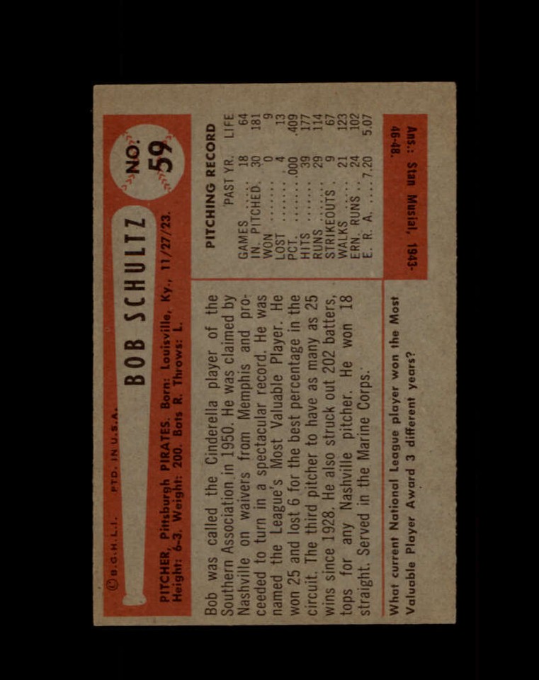 1954 Bowman Baseball #059 Bob Schultz STARX 4 VG/EX (CS114328) | eBay