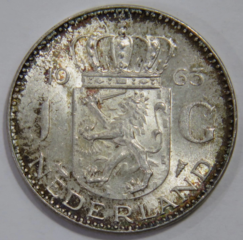 NETHERLANDS 1 GULDEN JULIANA CROWNED LION 1963 SILVER COIN RAINBOW ...