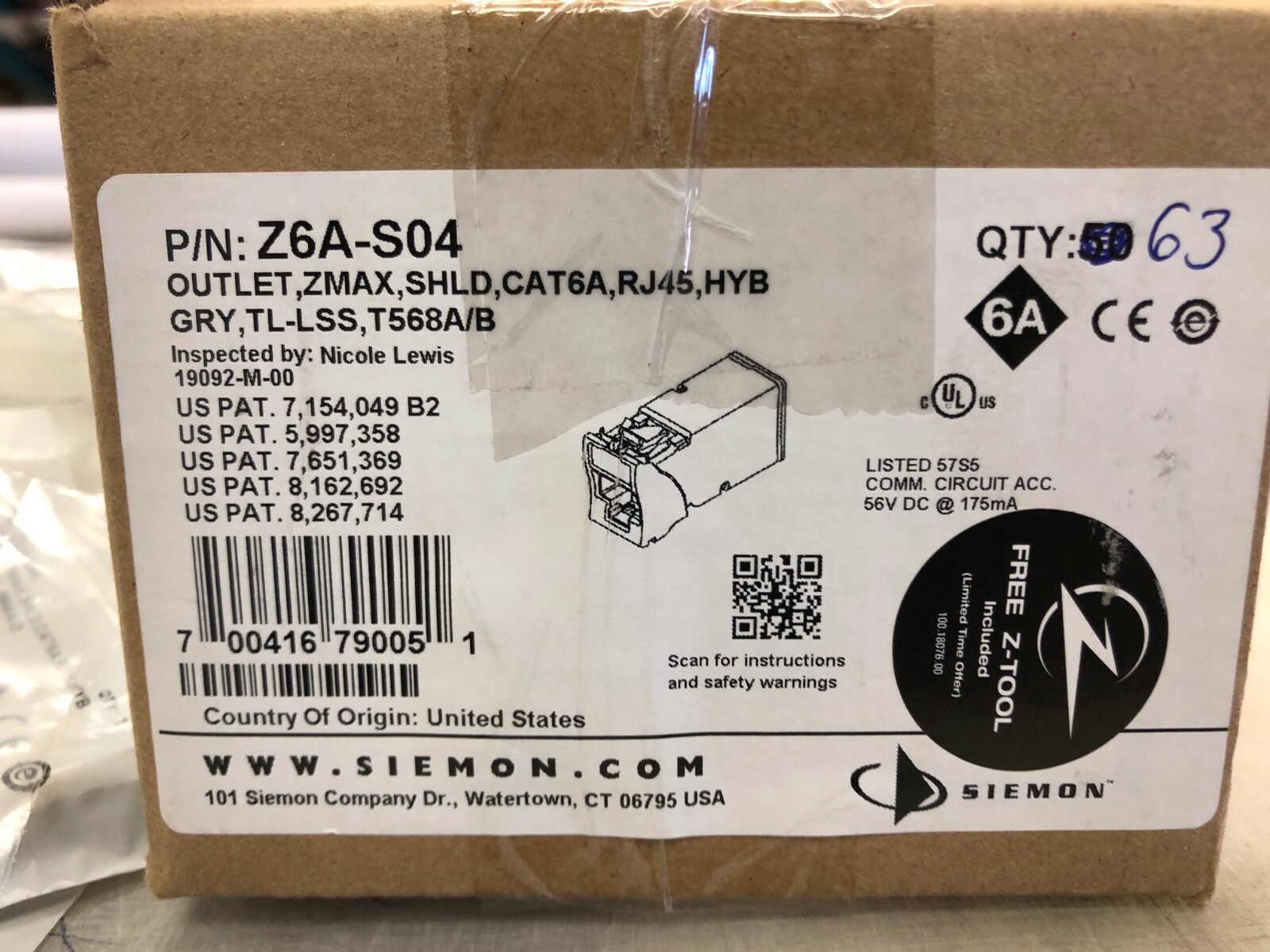 Set of 4 Siemon Z6A-S04 outlet ZMAX SHLD CAT6A RJ45 HYBGRY TL-LSS T568A ...