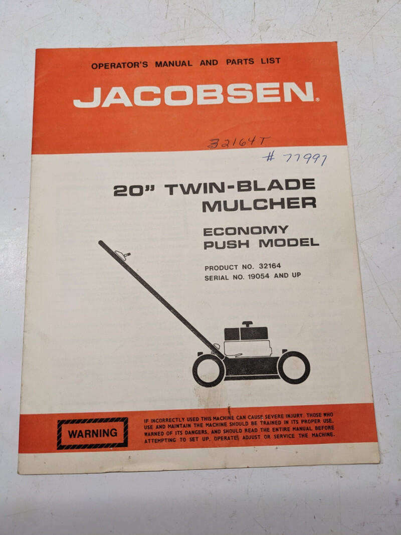 JACOBSEN 20” TWIN BLADE MULCHER PUSH MOWER 32164 OPERATOR MANUAL PARTS ...