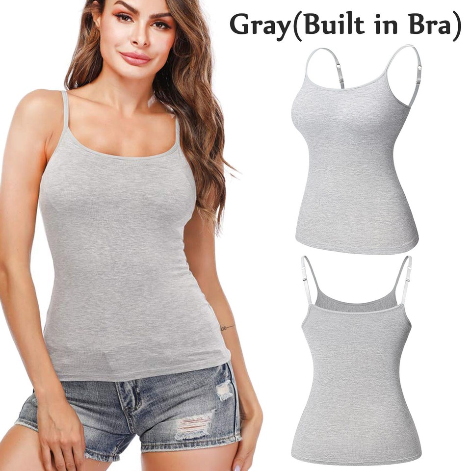 US Women Adjustable Strap Camisole with Built in Padded Bra Tank Tops ...