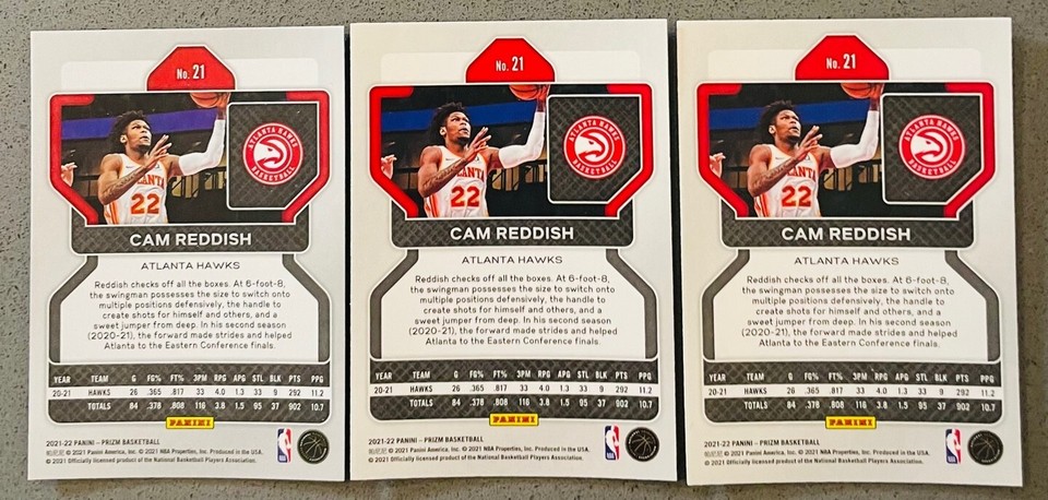 3x Lot 2021-22 Panini Prizm Basketball NBA #21 Cam Reddish Base Cards ...