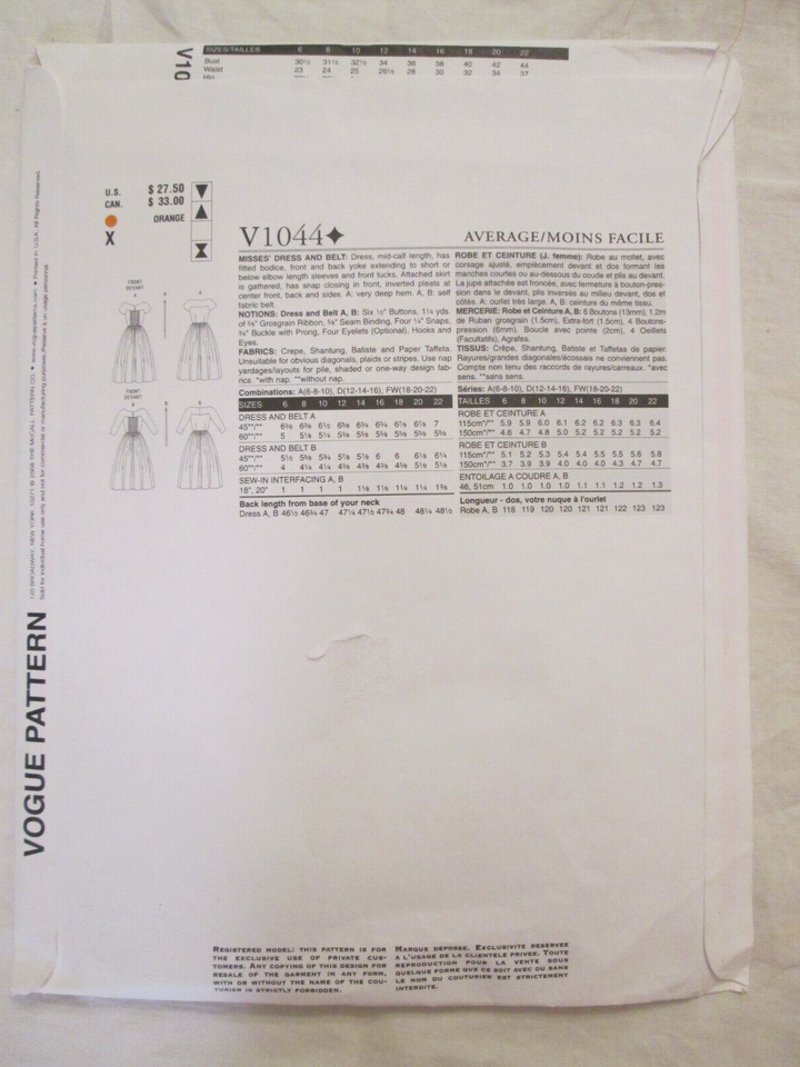 Vogue 1044 Vintage Model 1950s Style Dress Belt Pattern 6 8 10 Fitted ...