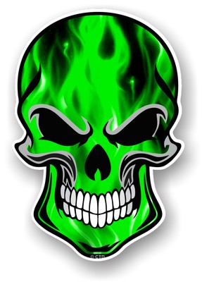 GOTHIC Biker SKULL & Electric GREEN Flames Motif vinyl car bike sticker ...